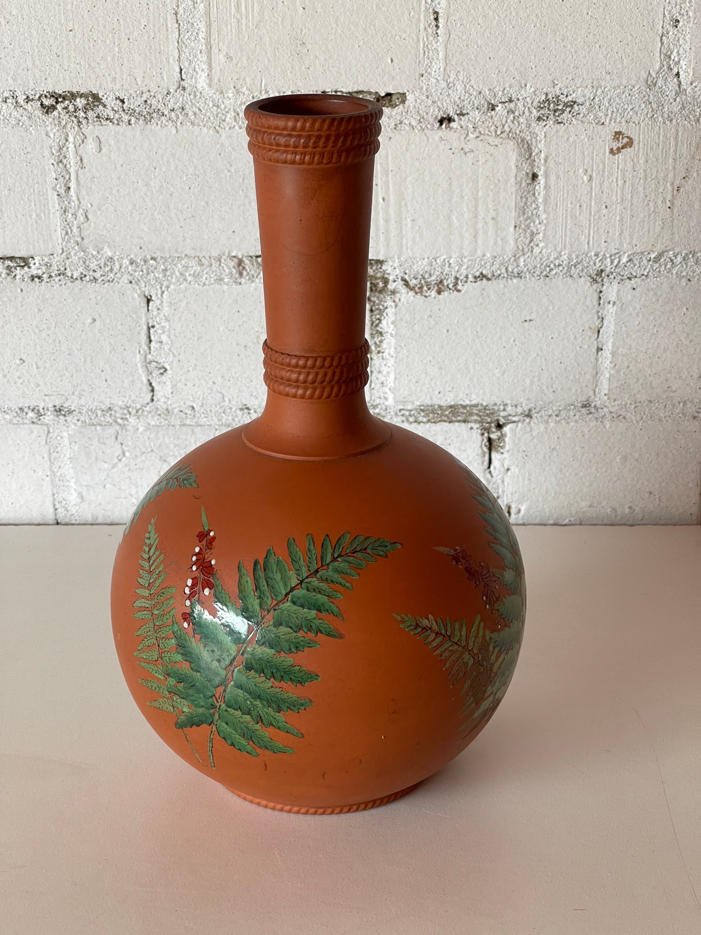 19thC Watcombe Pottery Terraccotta Flask / Vase with HandPainted Fern ...