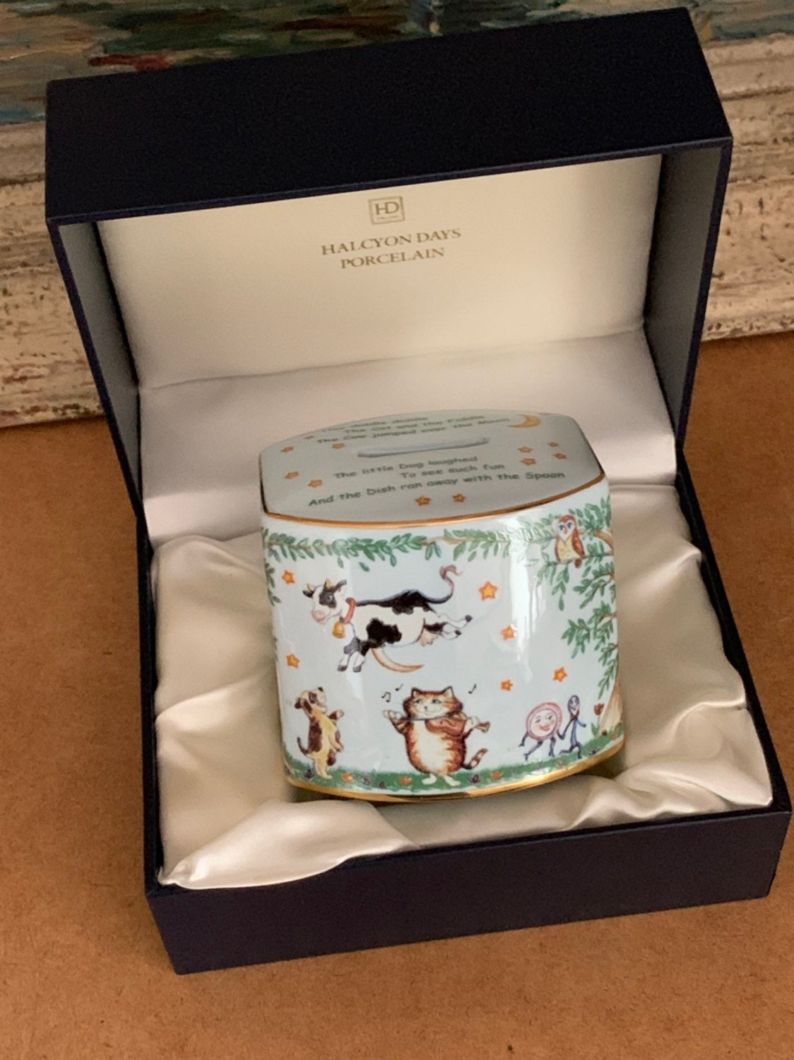 Rare Porcelain Halcyon Days Money Box With Nursery Rhyme, ‘Hey Diddle ...