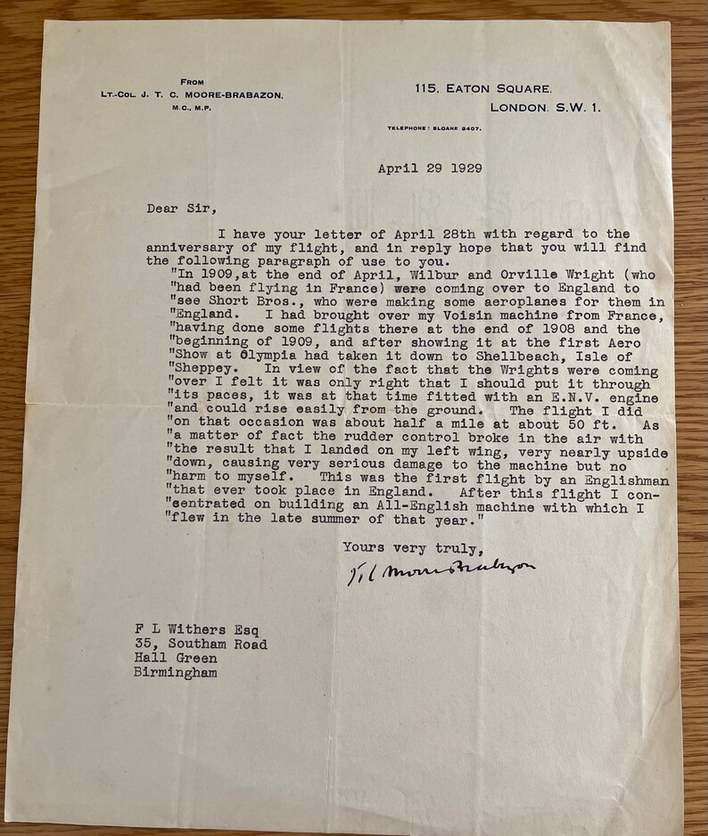 Of Aviation History Interest - Letter From Lord Moore-brabazon Re the ...