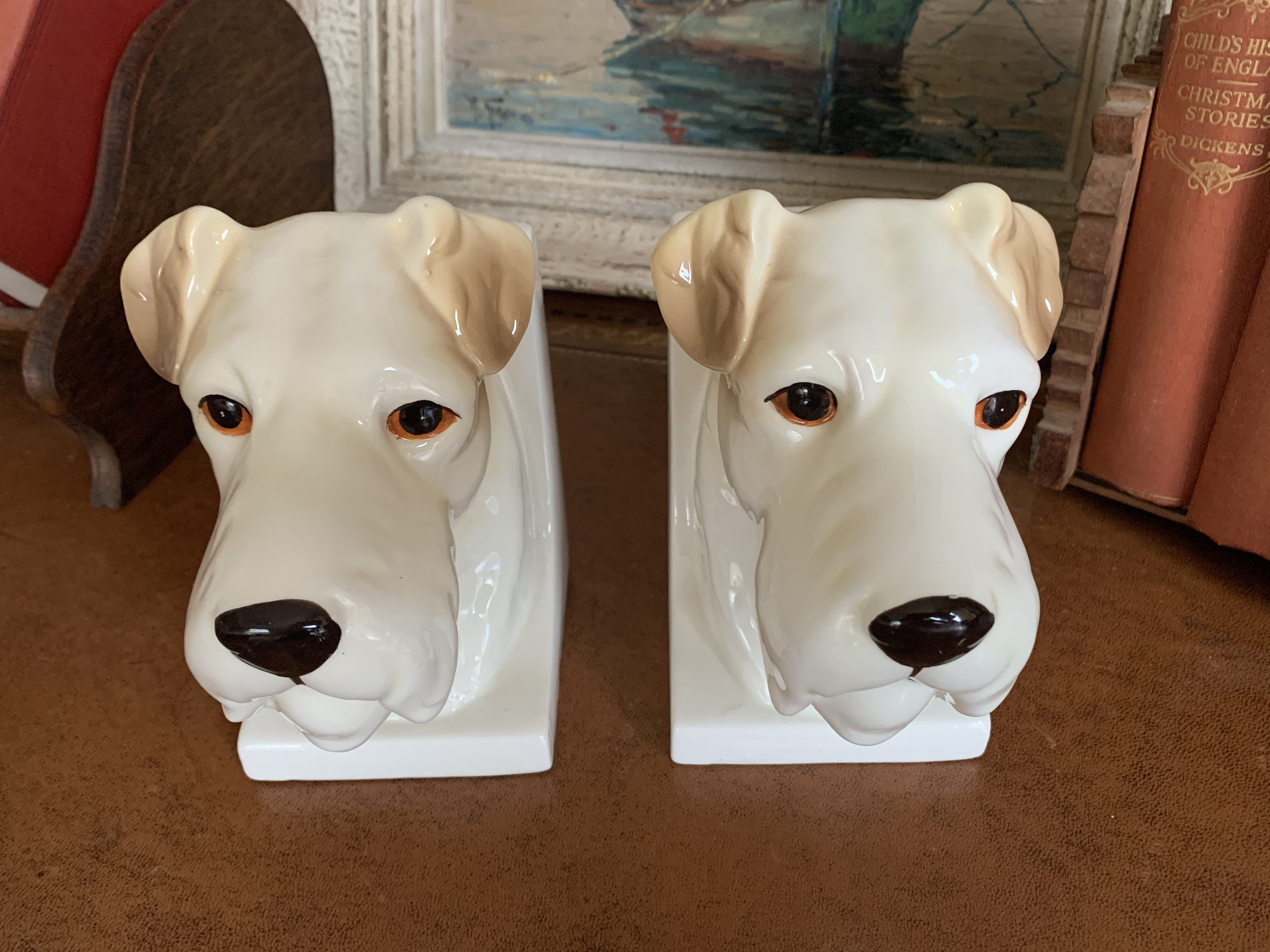 Beautiful Pair Of Vintage Ceramic Terrier Dog Bookends