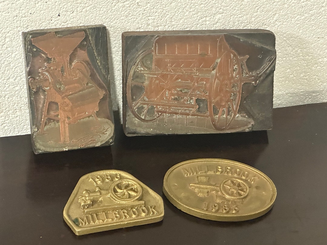 Two Antique Copper Printing Blocks & Two Brass Millbrook Railway ...