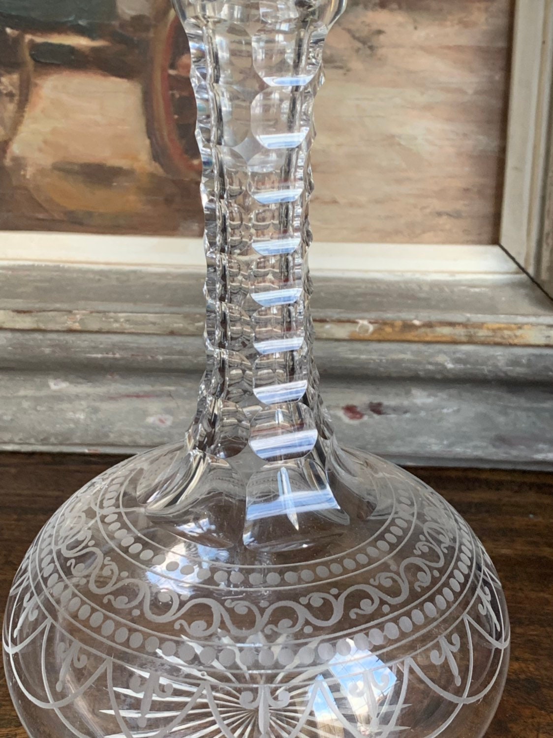 Beautiful Unusual 19th Century Cut Glass Engraved Decanter