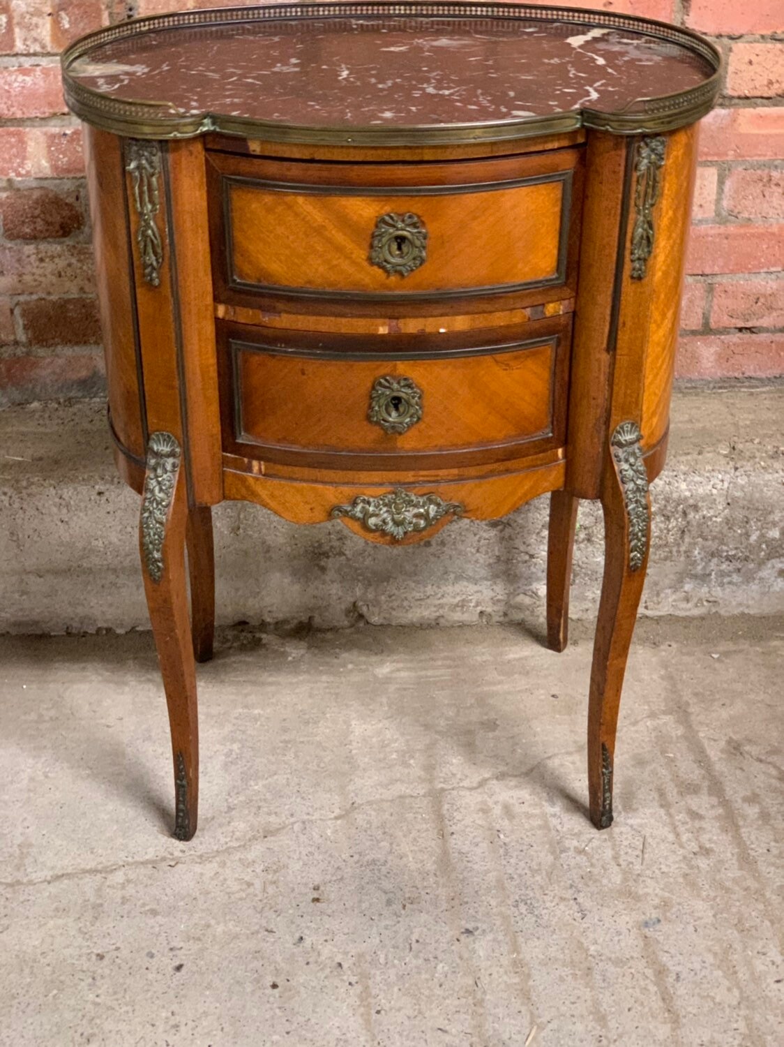 Antique French Kidney Shaped Table With Ornate Brass Mounts & Marble Top