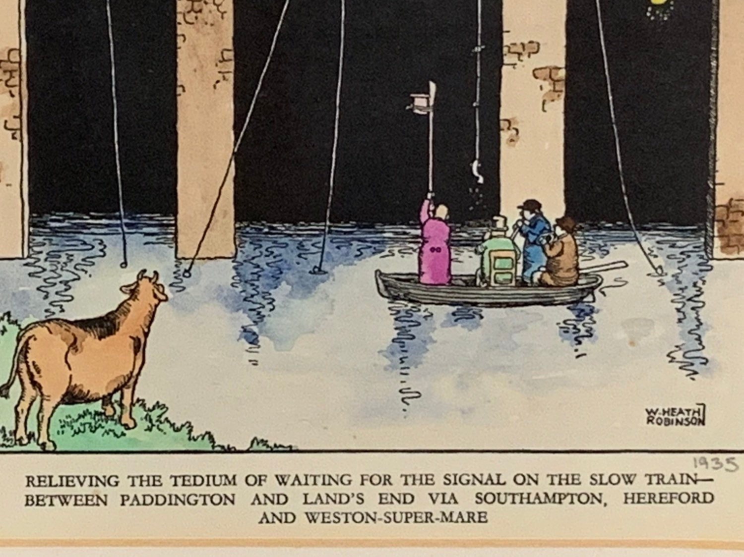 Hand Coloured W Heath Robinson Cartoon Engraving Dated 1935