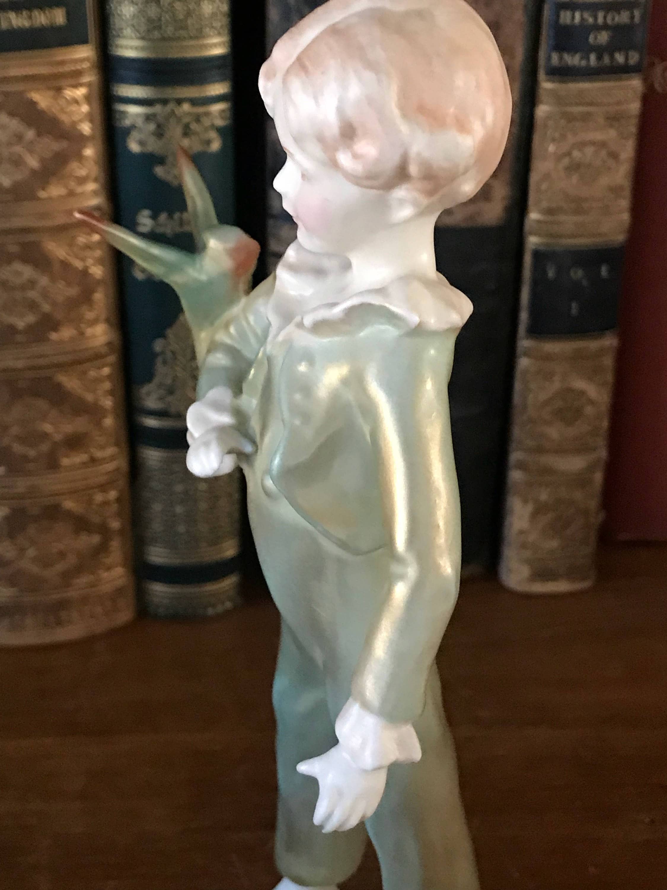 Beautiful Royal Worcester Boy & Parakeet Figurine in Green and Gold Lustre