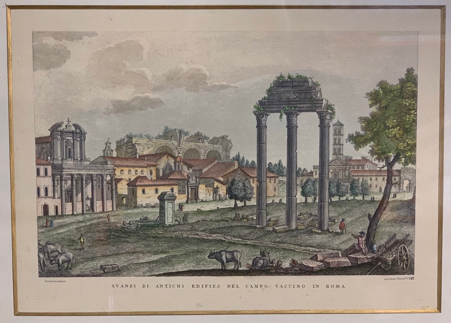 19th Century Hand Coloured Engraving Of An Italian Rome Scene in a Gilt ...