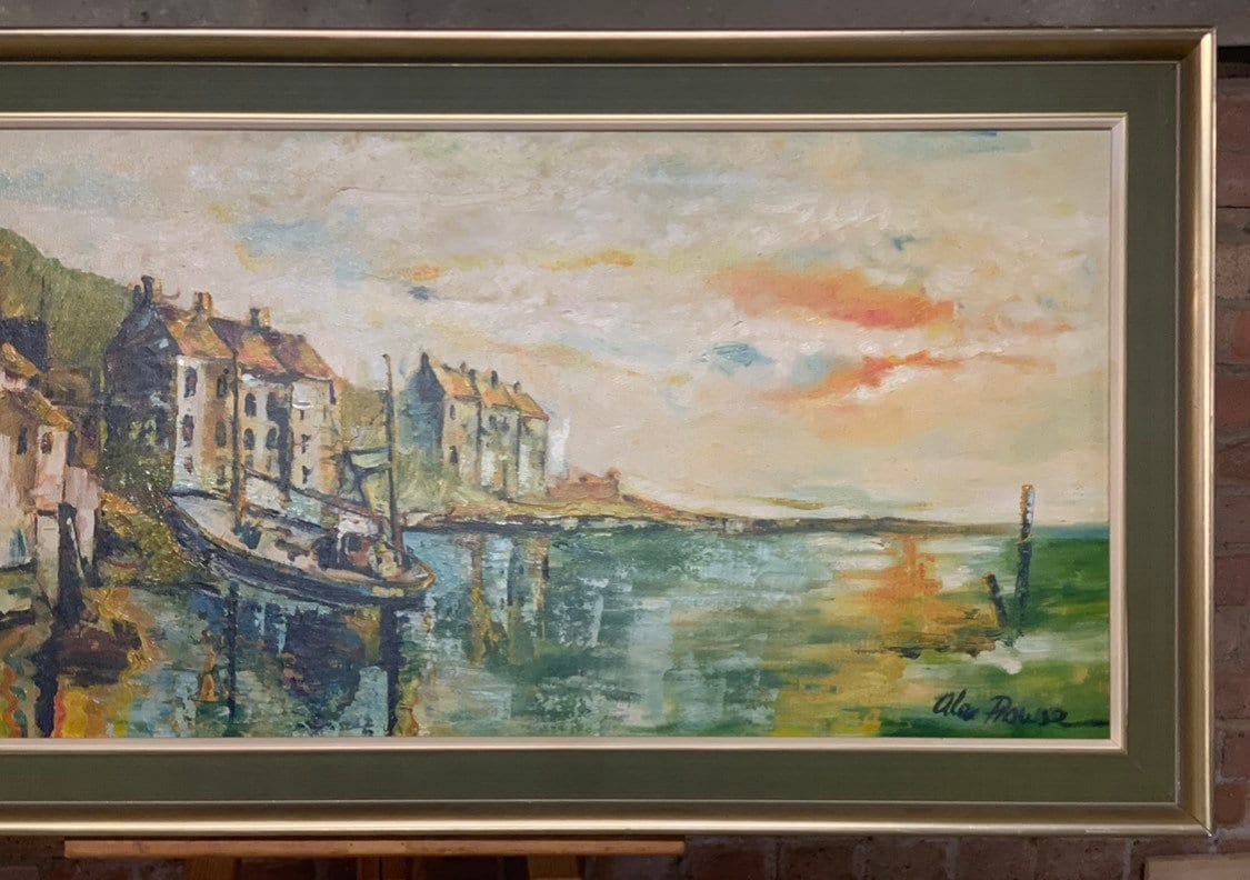Wonderful Large Oil Painting on Canvas of a Harbour Scene with a Boat ...
