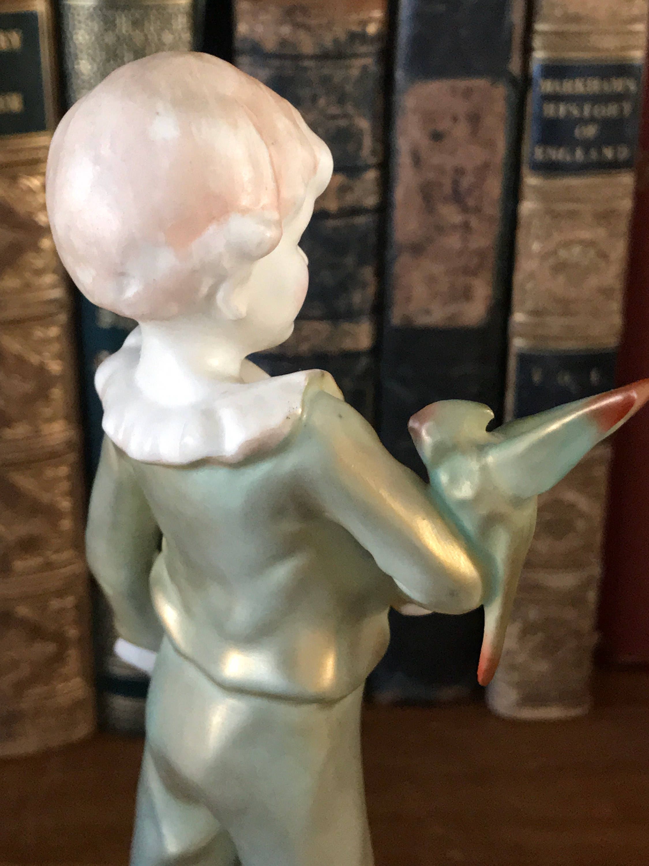 Beautiful Royal Worcester Boy & Parakeet Figurine in Green and Gold Lustre