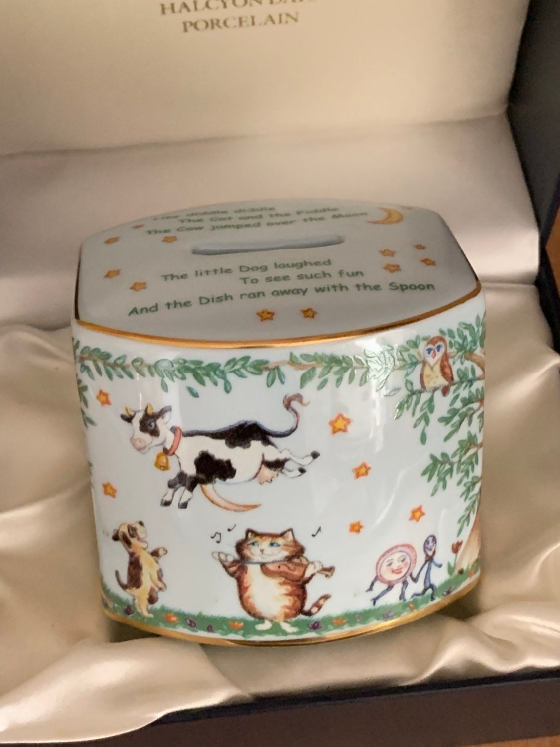 Rare Porcelain Halcyon Days Money Box With Nursery Rhyme, ‘Hey Diddle ...