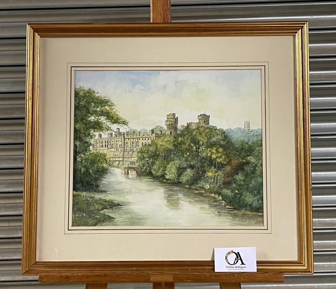 Superb Original Vintage Watercolour of Warwick Castle Riverside View of ...