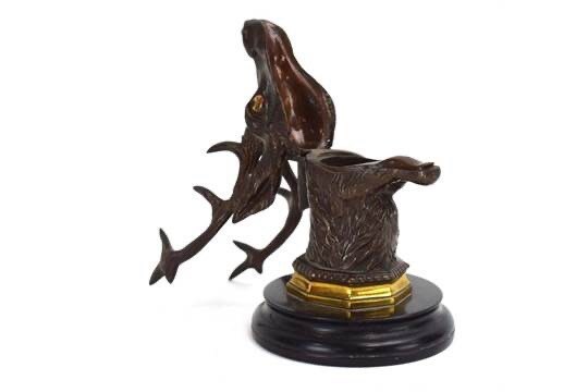 Beautiful Late 19th Century Bronze Stag Head Inkwell On Marble Plinth