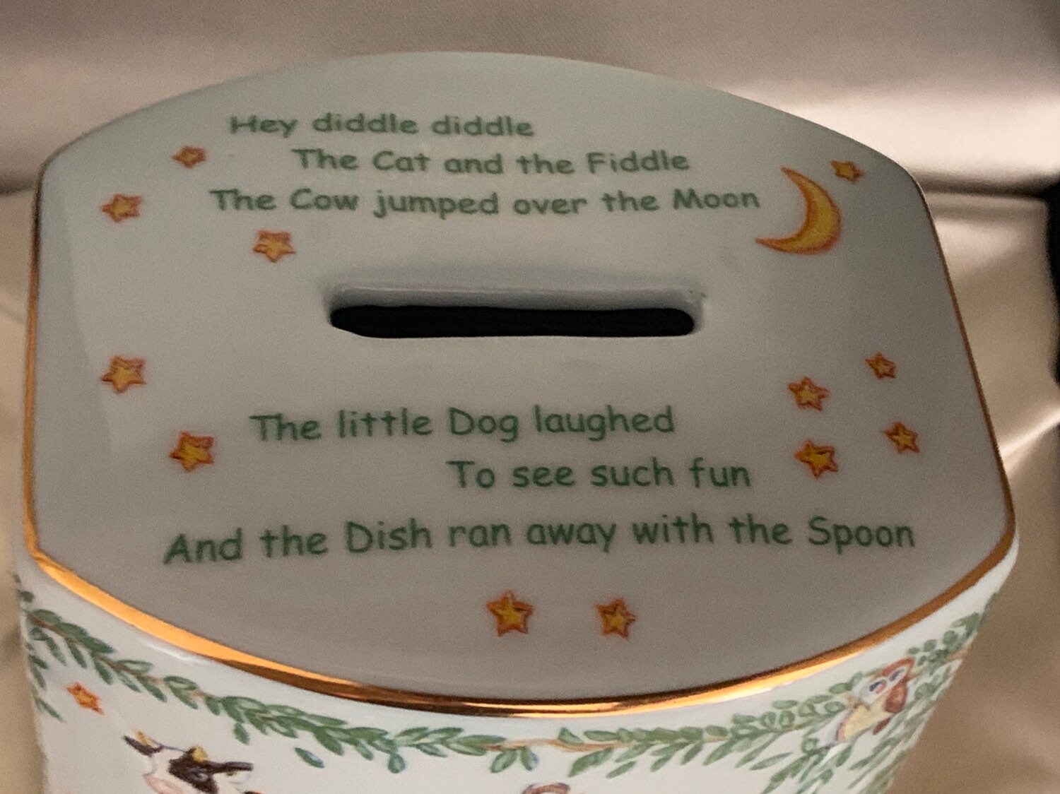 Rare Porcelain Halcyon Days Money Box With Nursery Rhyme, ‘Hey Diddle ...