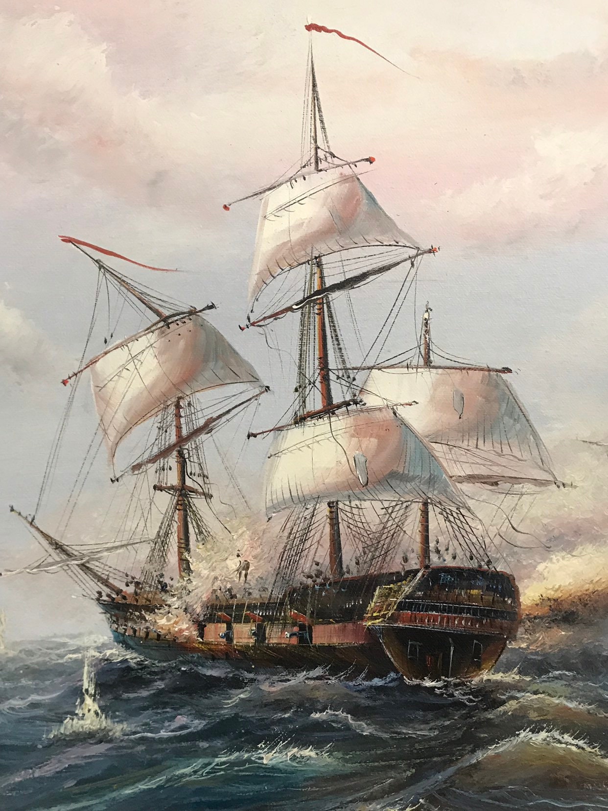 Original Oil Painting of Galleon Ships at Sea by J Harvey