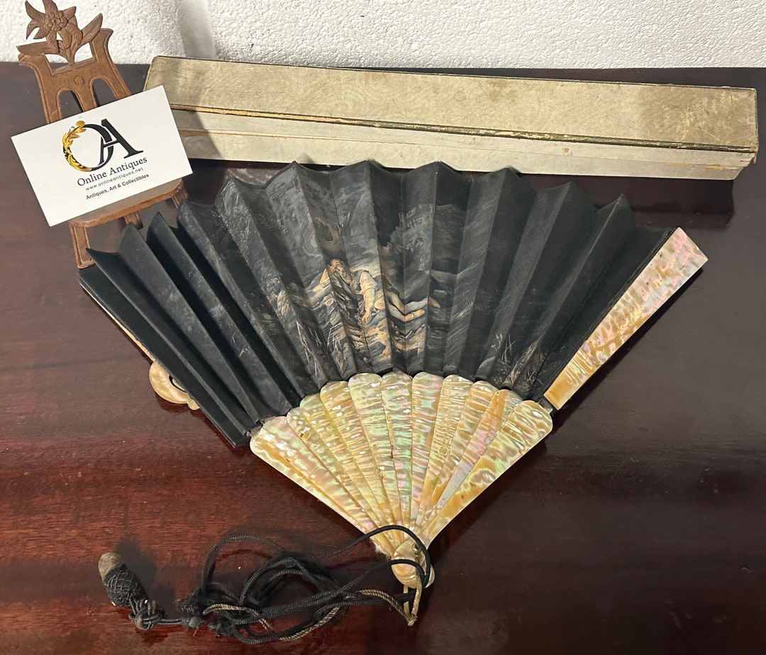19th Century Hand Painted Silk Fan With Mother of Pearl Sticks and ...