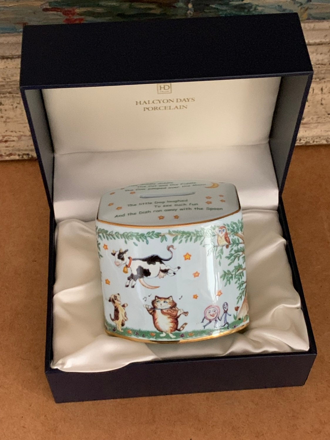 Rare Porcelain Halcyon Days Money Box With Nursery Rhyme, ‘Hey Diddle ...