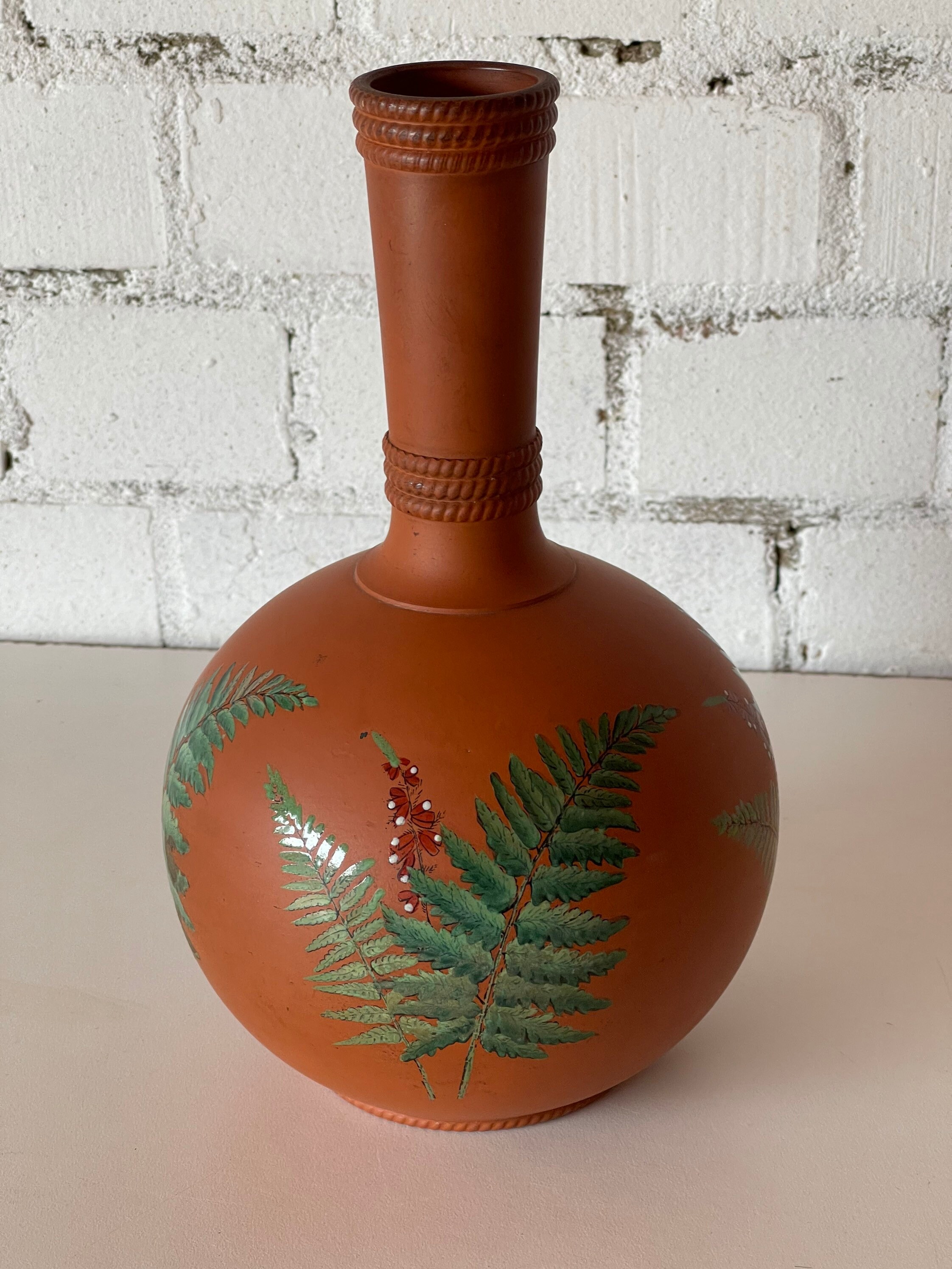 19thC Watcombe Pottery Terraccotta Flask / Vase with HandPainted Fern ...