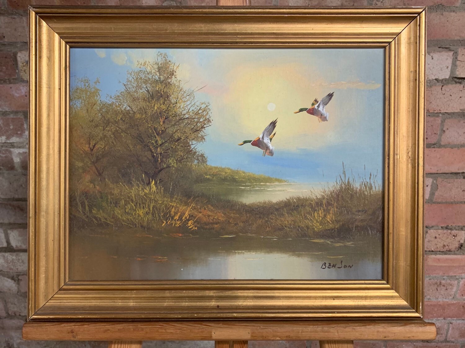 Lovely Vintage Gilt Wood Framed Oil Painting On Canvas Of Ducks Coming 