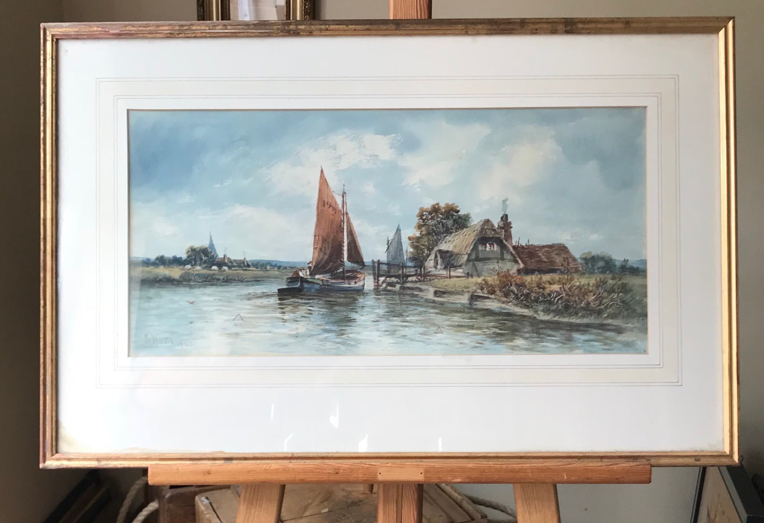 Beautiful Original Watercolour Of A Sailboat On The River Dated 1907 by ...