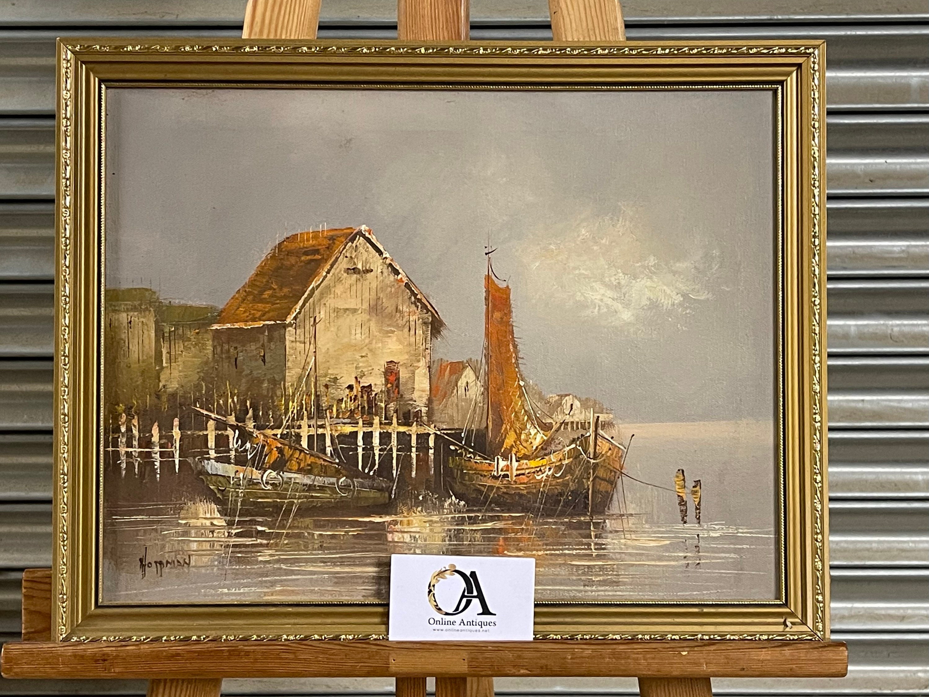 Wonderful Original Vintage Oil Painting Of A Harbour Scene Signed Hoffman