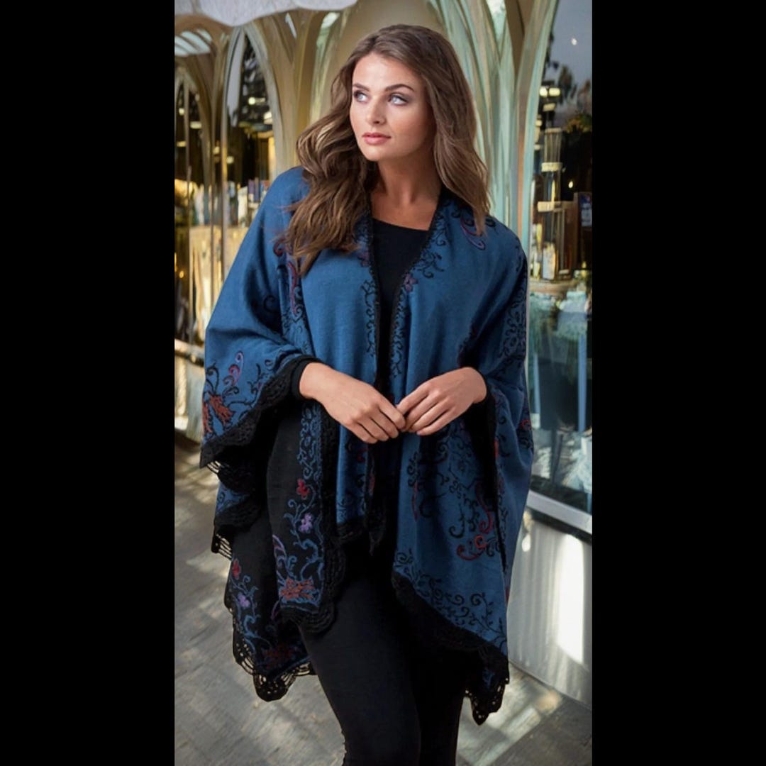 Steel Blue Reversible Alpaca Ruana, Stunning Handmade Floral Design ...