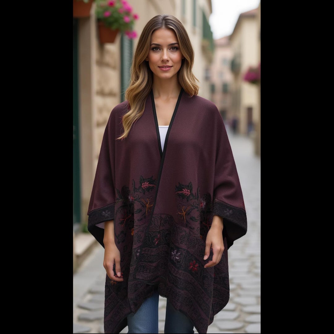 Hand Embroidered Alpaca Ruana: Reversible Royal Purple Jacquard Wrap - Etsy