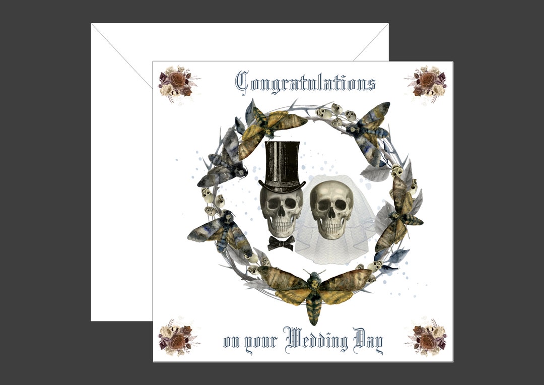Gothic Wedding Card, Bride & Groom, Skulls, Congratulations Wedding Day ...