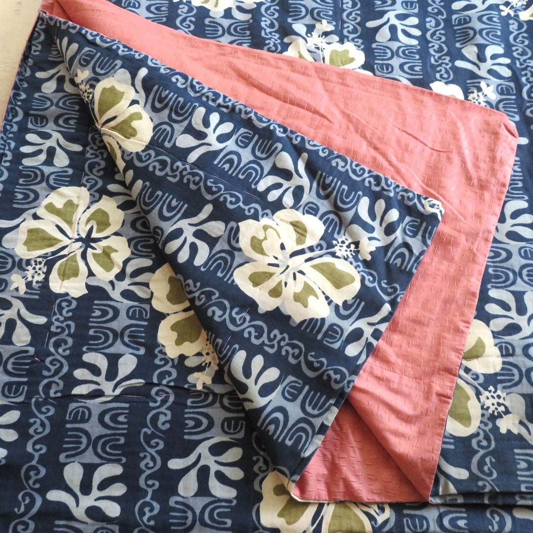 Handmade Hawaiian Throw Blanket Quilt Reversable 56x 74 Blue Floral ...