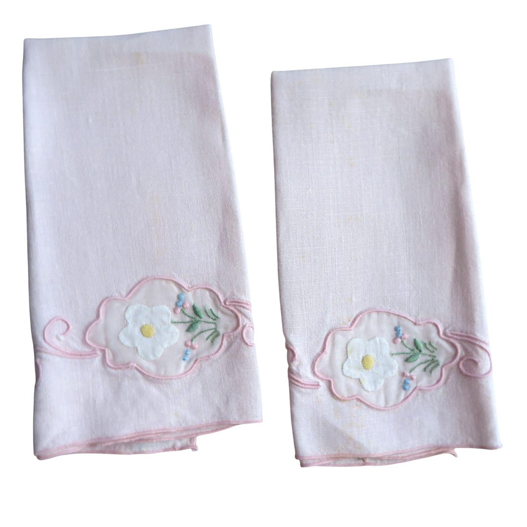 Vintage Pink Battenburg Embroidery Lace Linen Hand Guest Towels 11" X ...