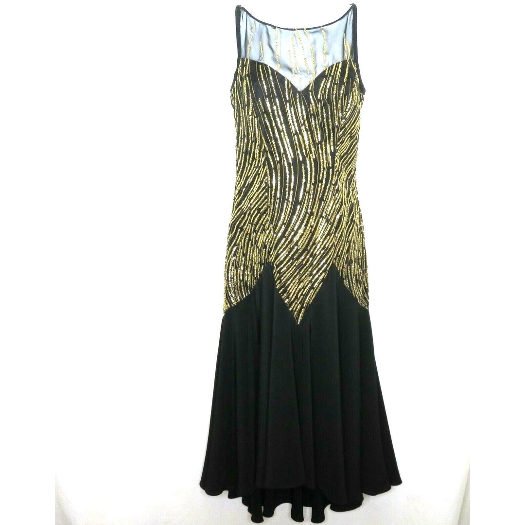 Vintage Black Evening Gown Slip Dress S Sheer Gold Rainfall Glitter Low ...