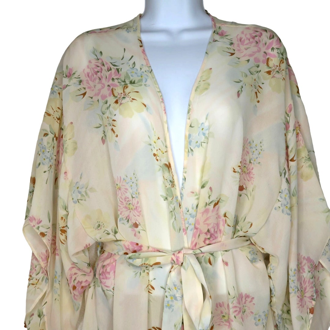Vintage Private Luxuries Sheer Kimono Robe L Beige Floral Knee Length ...