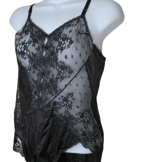 Vintage 70s Nylon Teddy Teddie Bodysuit S Black Sheer… - Gem