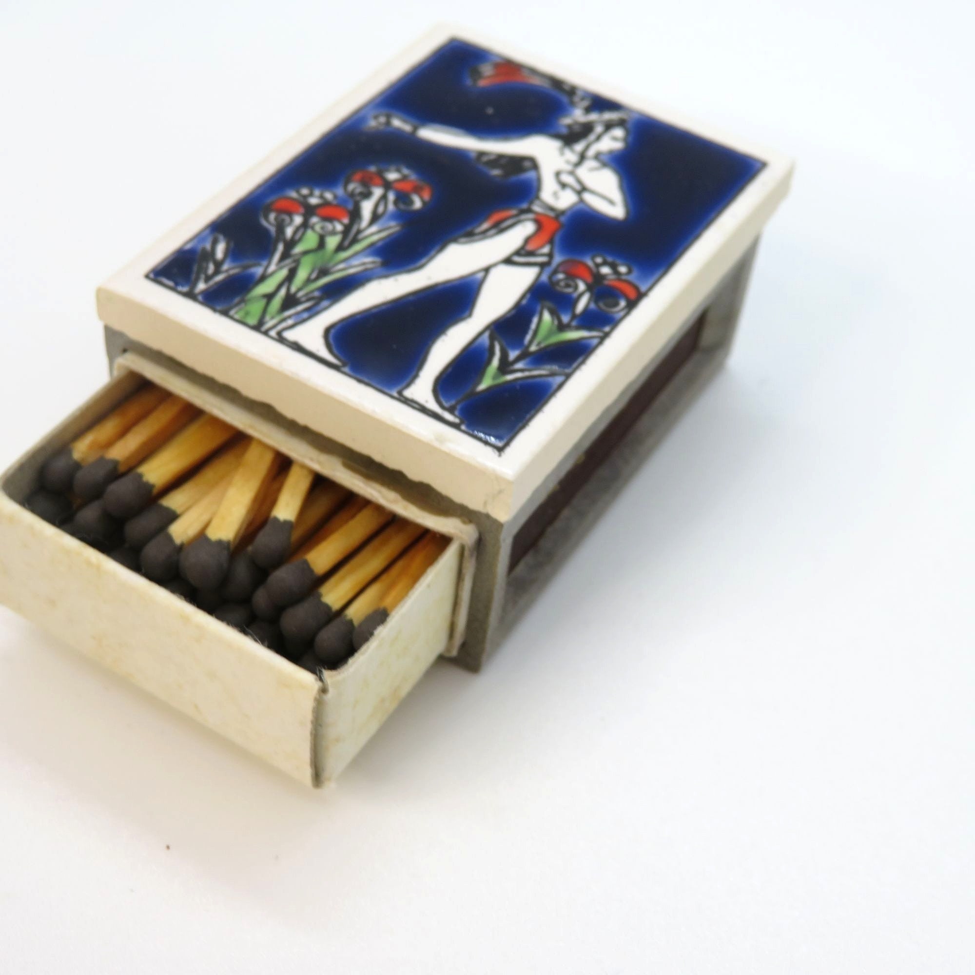 Vintage Wooden Matches Box Holder Painted Ceramic Tile Topped - Etsy