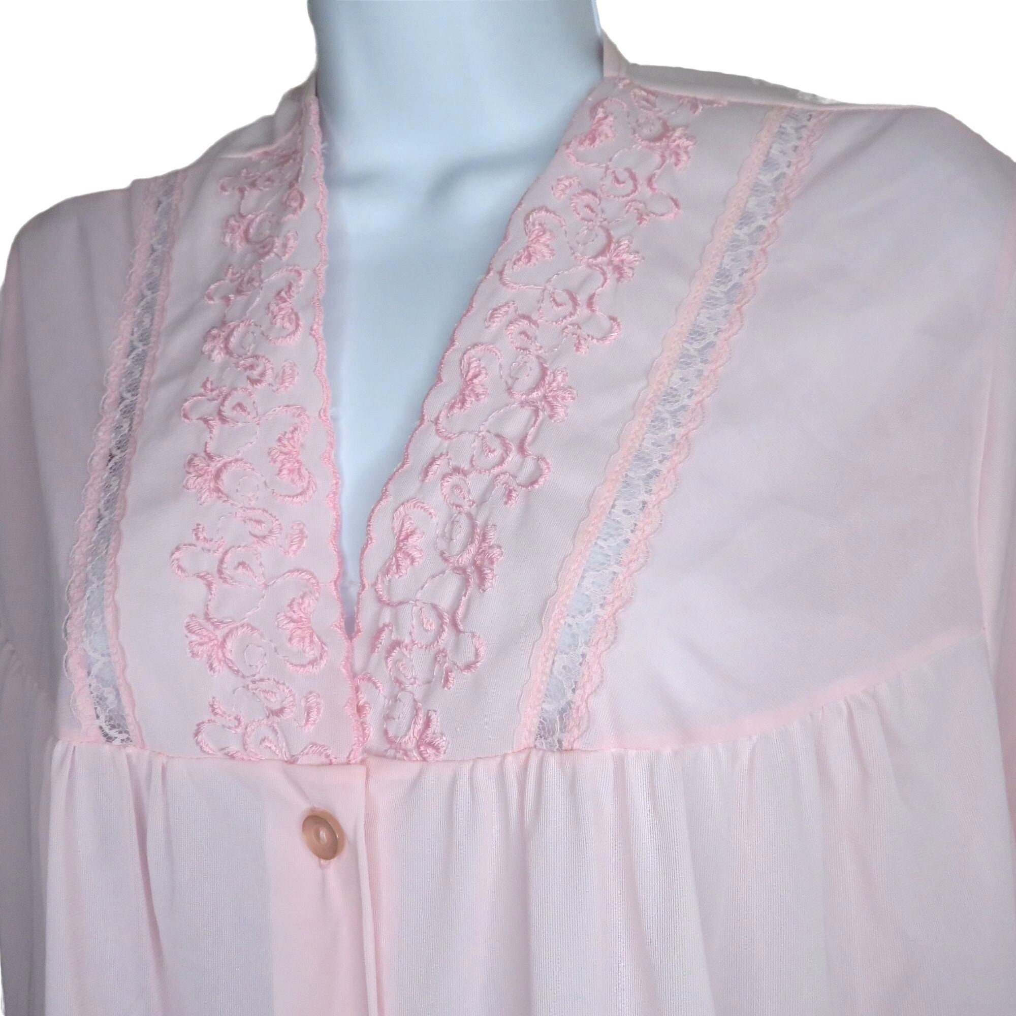 Vintage Danni Nylon Robe M Pink Embroidery Lace Knee Length - Etsy