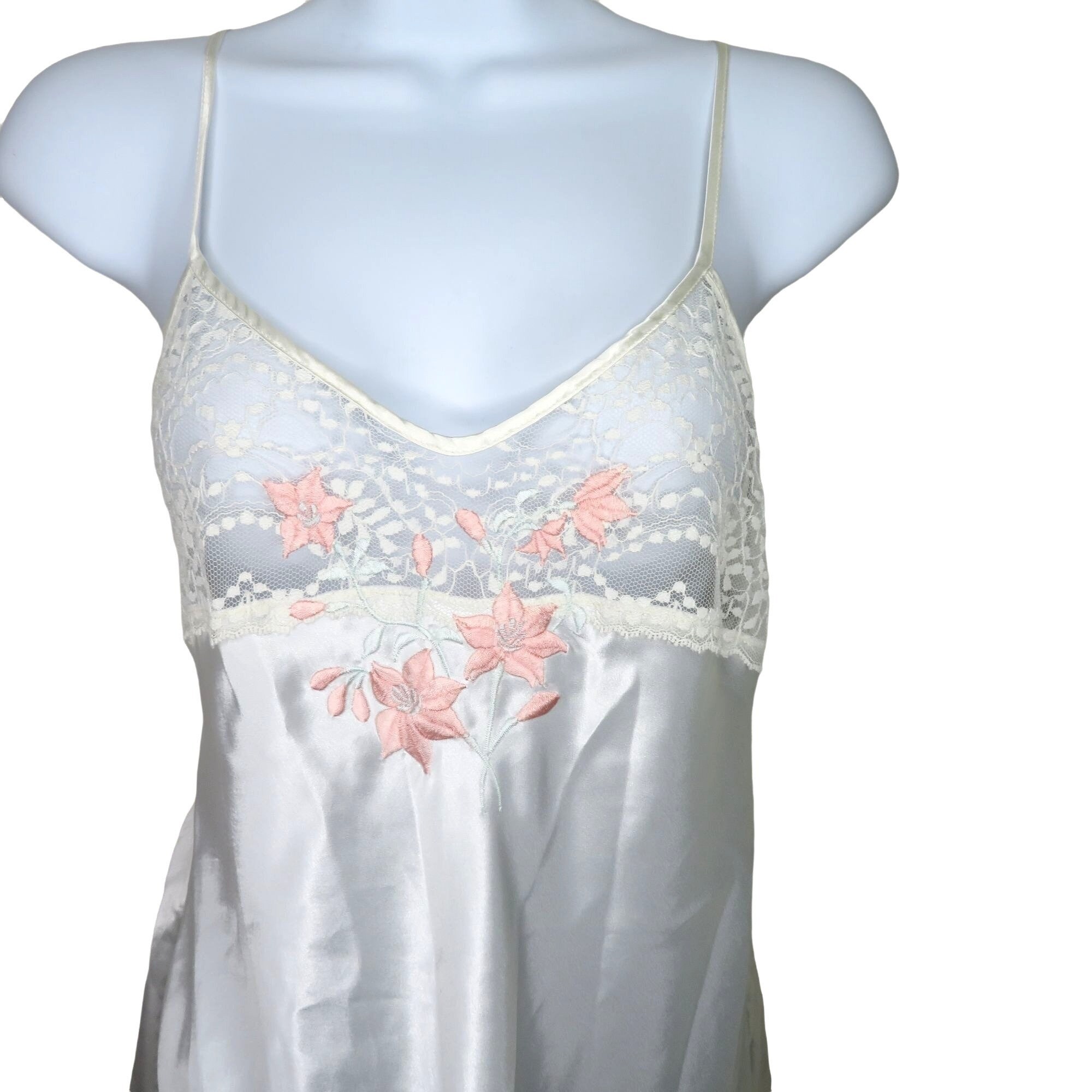 Vintage Wendy Ann Satin Slip Nightgown M White Lace Embroidery - Etsy