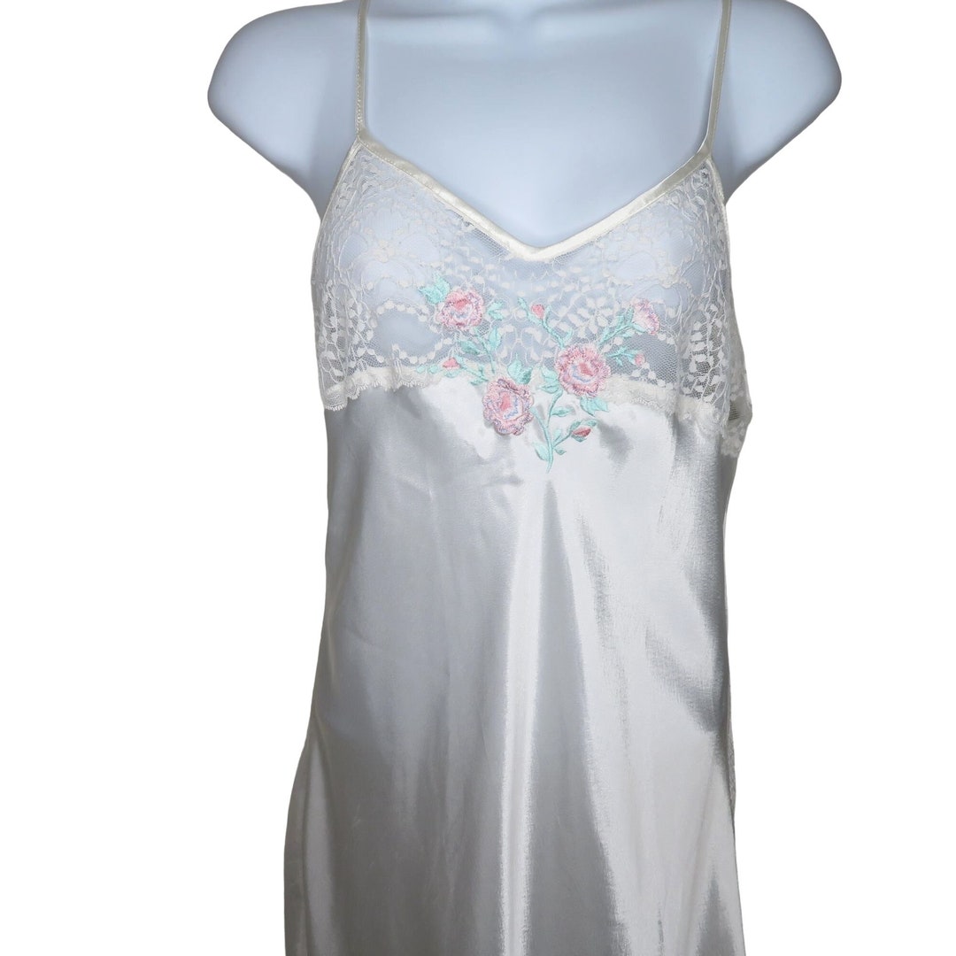 Vintage Full Length White Satin Slip Nightgown S Floral Embroidered ...