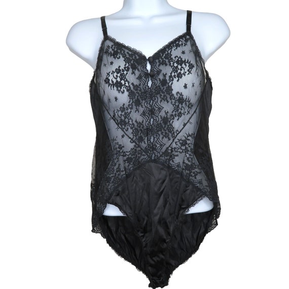 Vintage 70s Nylon Teddy Teddie Bodysuit S Black Sheer… - Gem