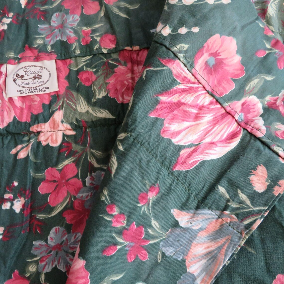 Vintage 80s Croscill Granada Curtain Valance 18" X 90" Green Pink Roses ...