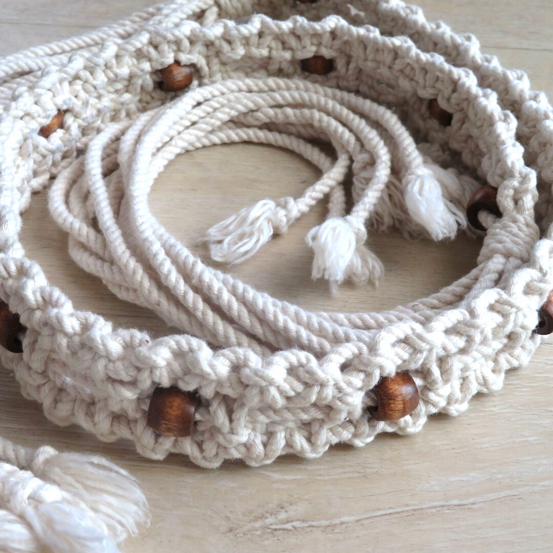 Vintage 60s/70s Handmade White Macrame Tie Belt Brown Wooden Beads ...