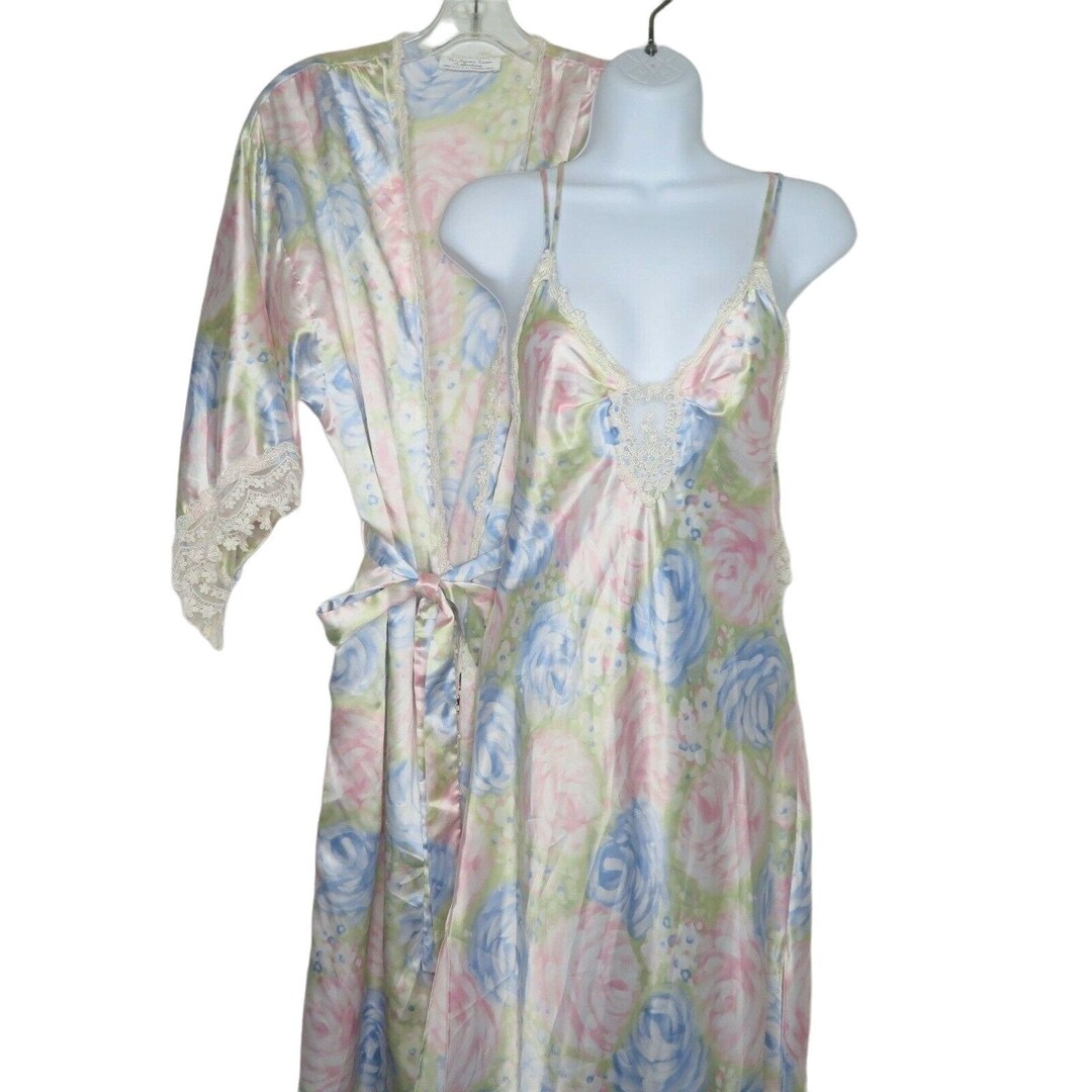 Vintage Full Length Satin Peignoir Set S Pink Blue Floral Slip ...