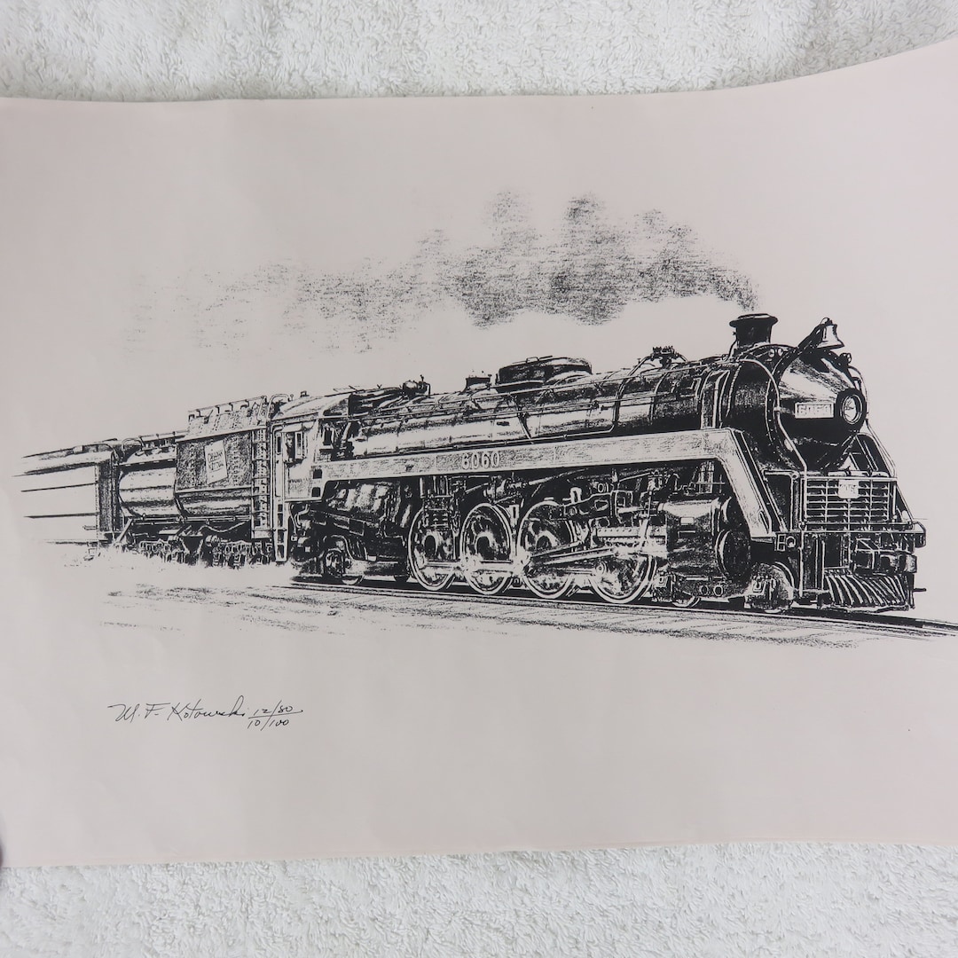 Vintage 80s Steam Engine Train Art Print - MF Kotowski Signed Poster - Etsy
