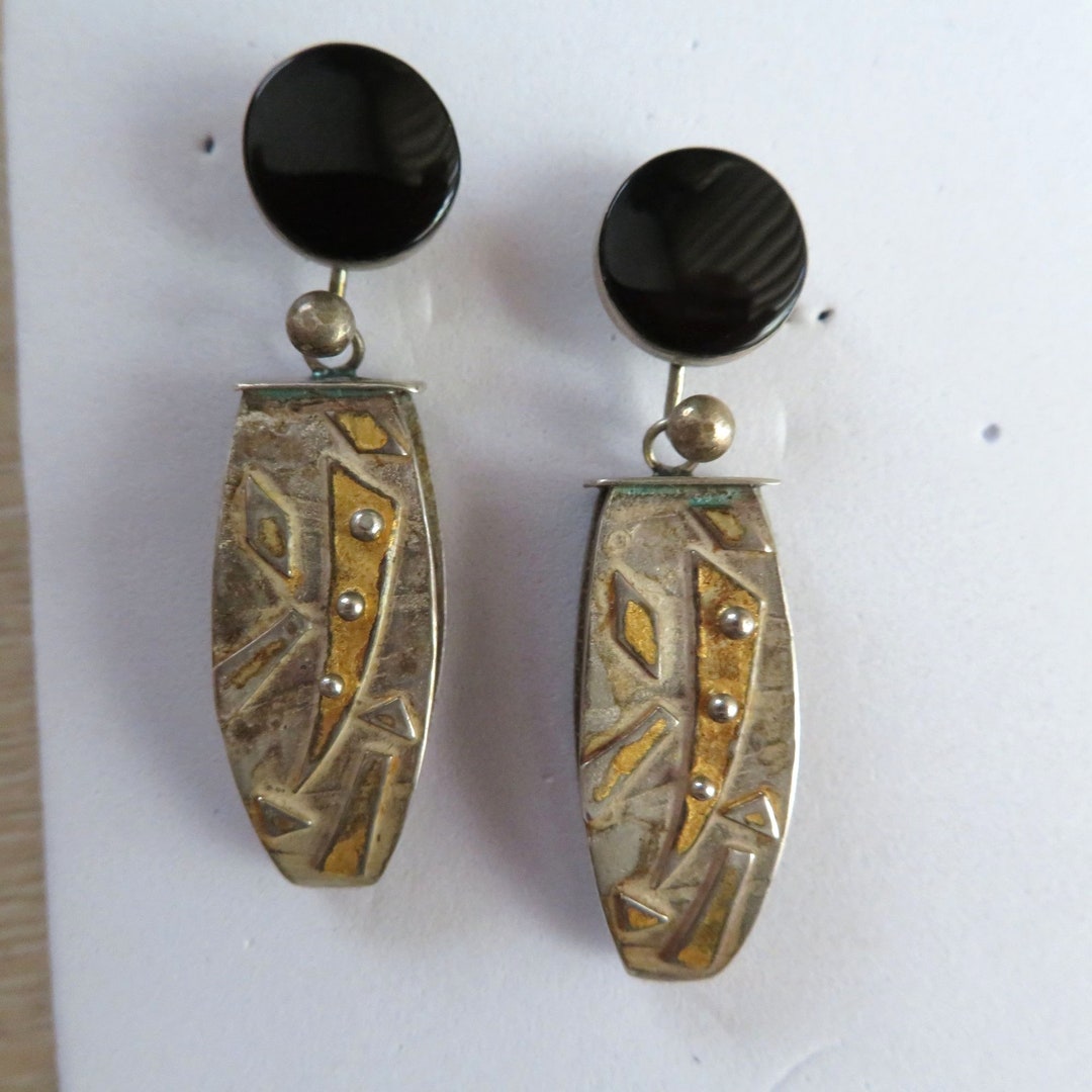 Vintage Handcrafted Earrings Black Onyx 925 Sterling Silver 3D Stud ...