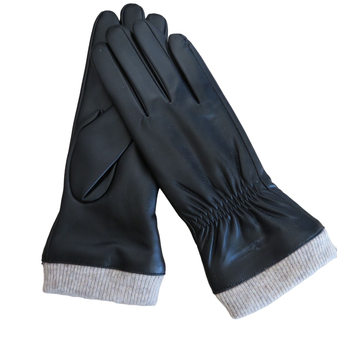 Women's Black Faux Leather Driving Gloves Wool Knit Lined Size 7.5 New ...