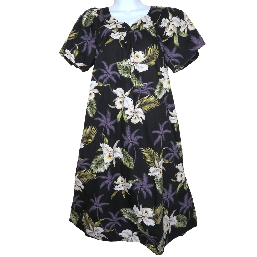 Vintage Hawaiian Knee Length Muumuu Aloha Dress S Black Floral Tulip ...