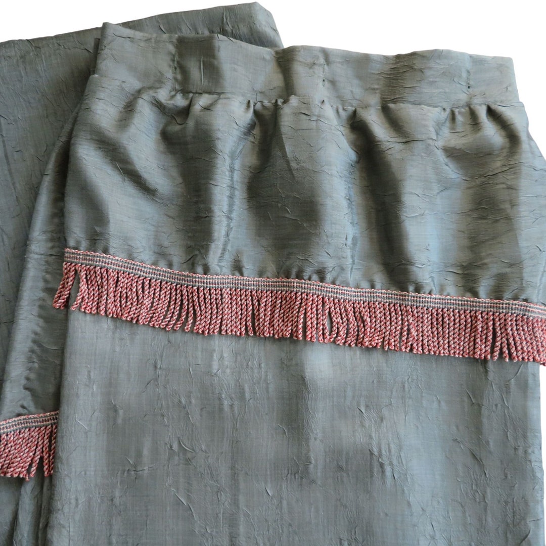 Vintage CROSCILL Home Fabric Shower Curtain Olive Green Ruffle Fringe ...