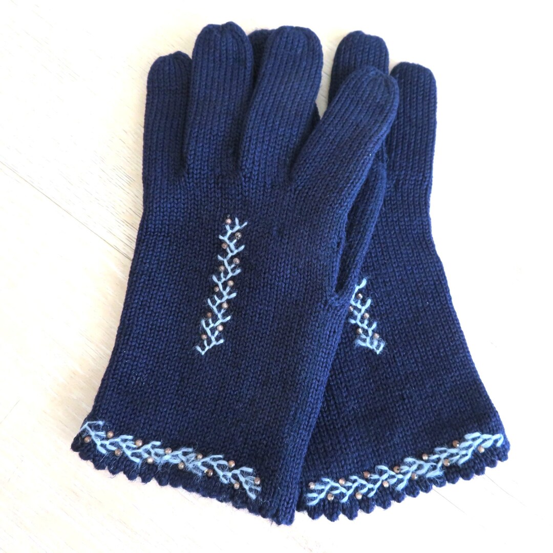 Vintage Wool Knit Driving Winter Wrist Gloves S Light Blue Beaded ...