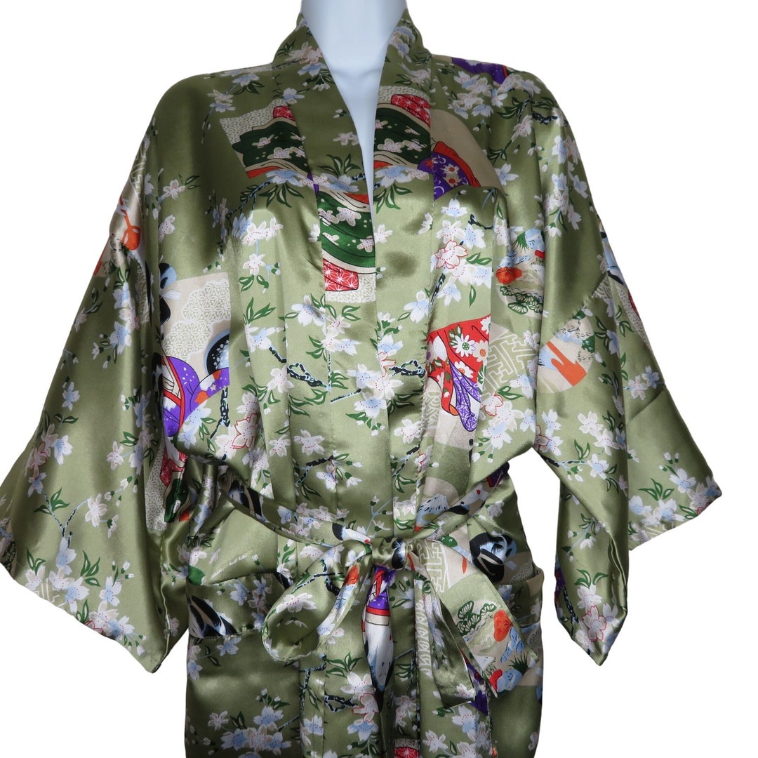Vintage Full Length Satin Kimono Robe OS Green Keisha Fans Floral ...