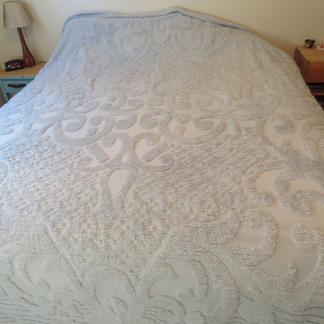 Vintage Light Blue Chenille Bedspread Set 120