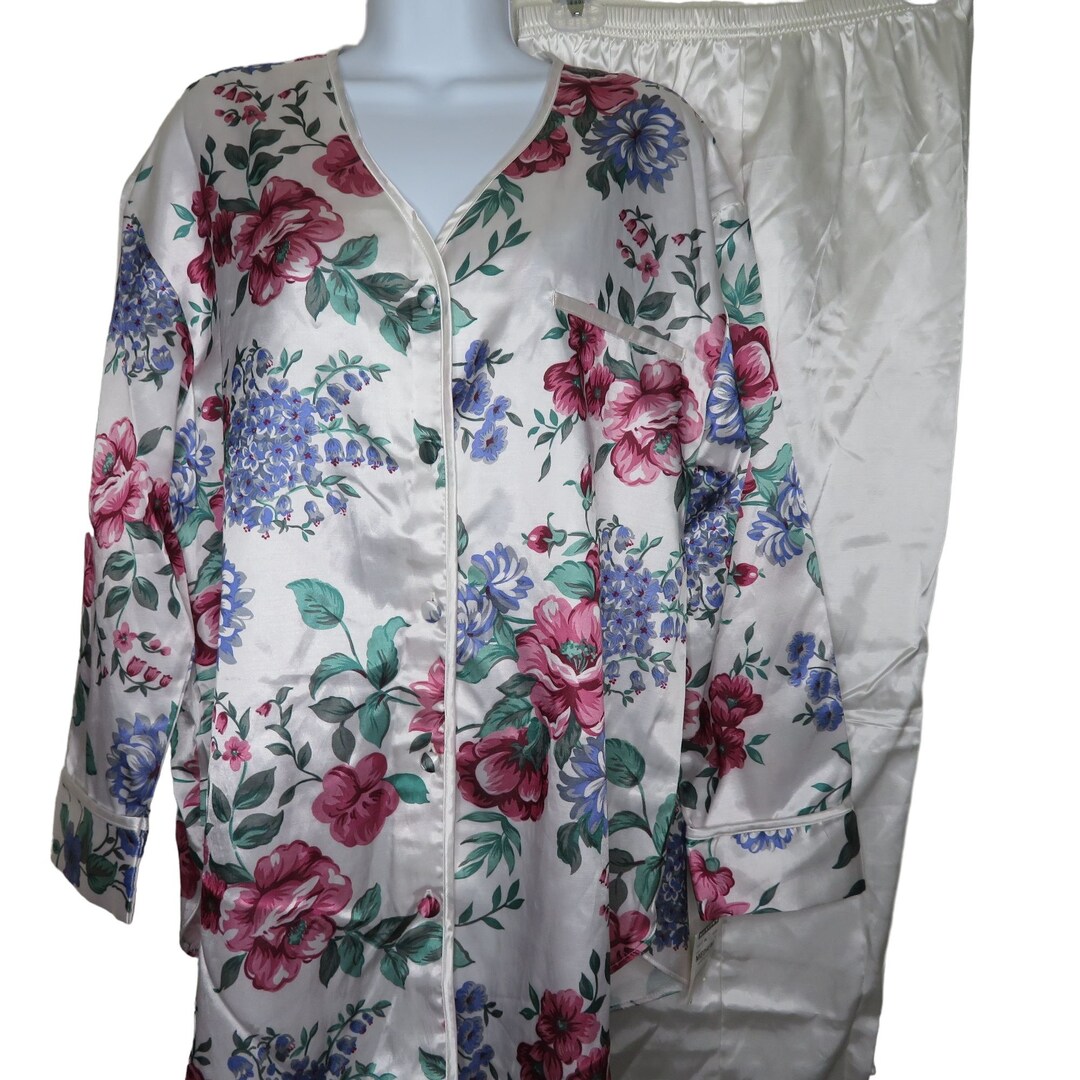 Vintage Mervyns Shirt Pants Pajama Set Womens M Floral Cotton Lined ...