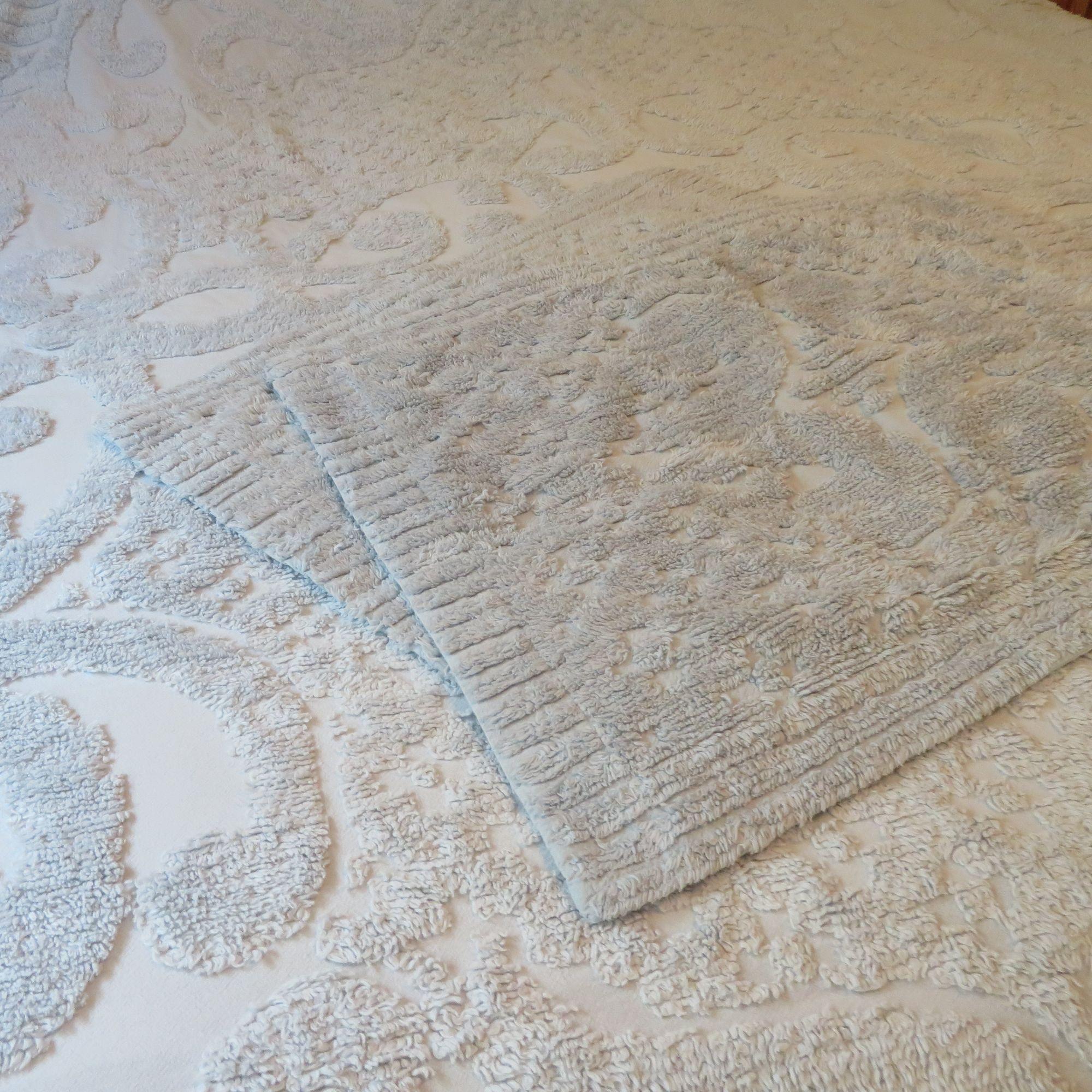 Vintage Light Blue Chenille Bedspread Set 120