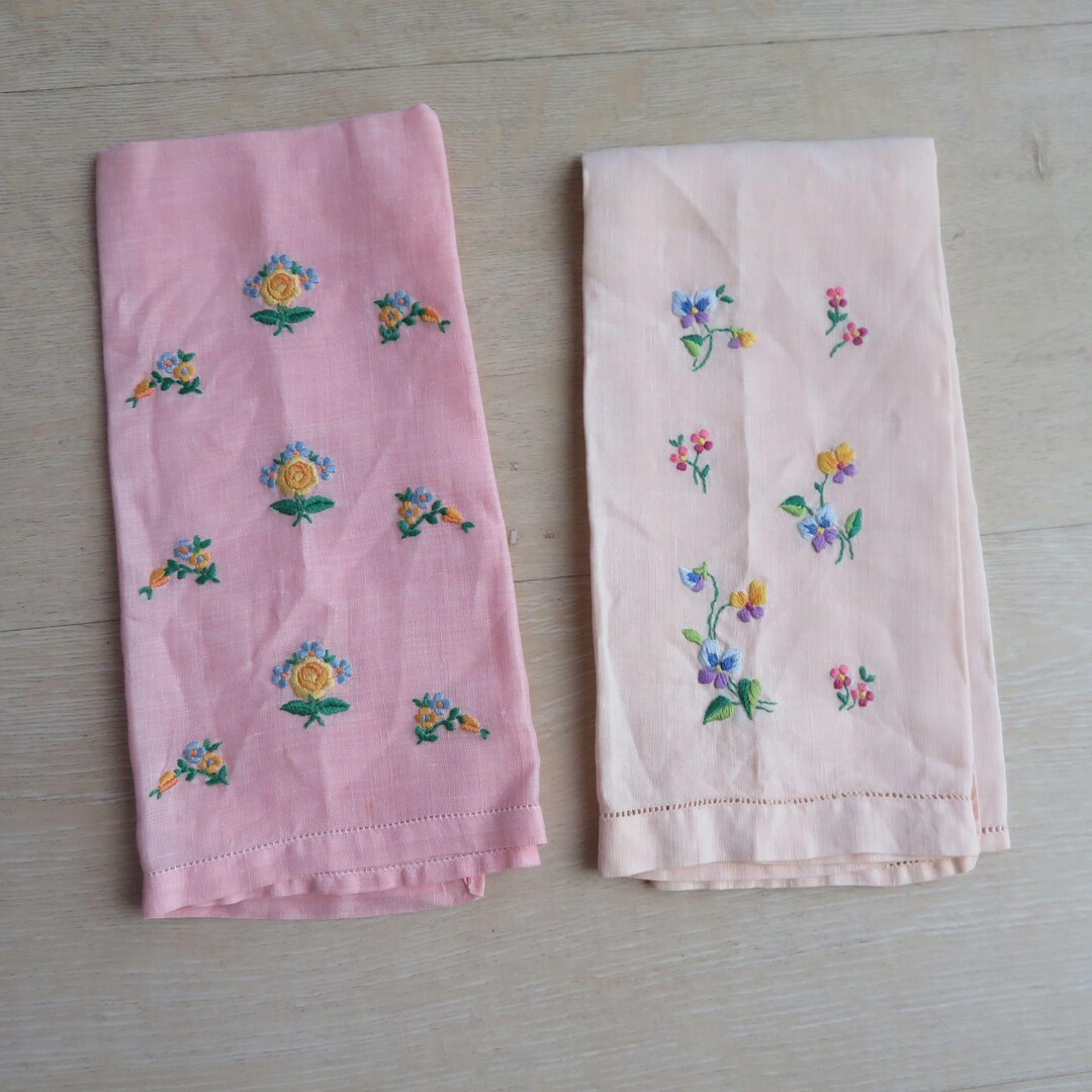 Vintage Pink Battenburg Hand Embroidery Lace Linen Hand Guest Towels 13 ...